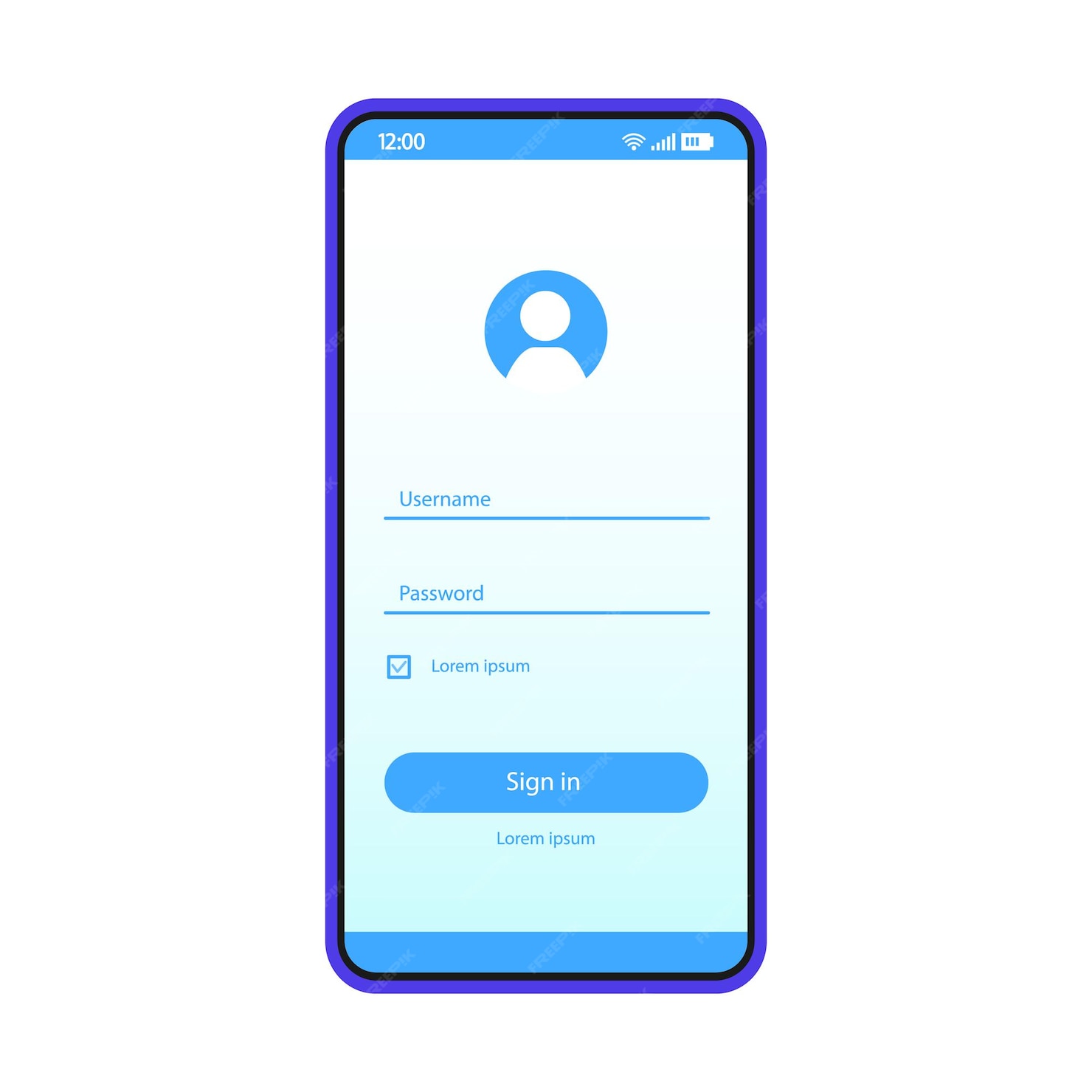 스마트폰 페이지 벡터 템플릿에 로그인합니다 모바일 앱 인터페이스 블루 디자인 레이아웃입니다 로그인 회원가입 화면입니다 플랫 Ui 애플리케이션 사용자 등록 권한
