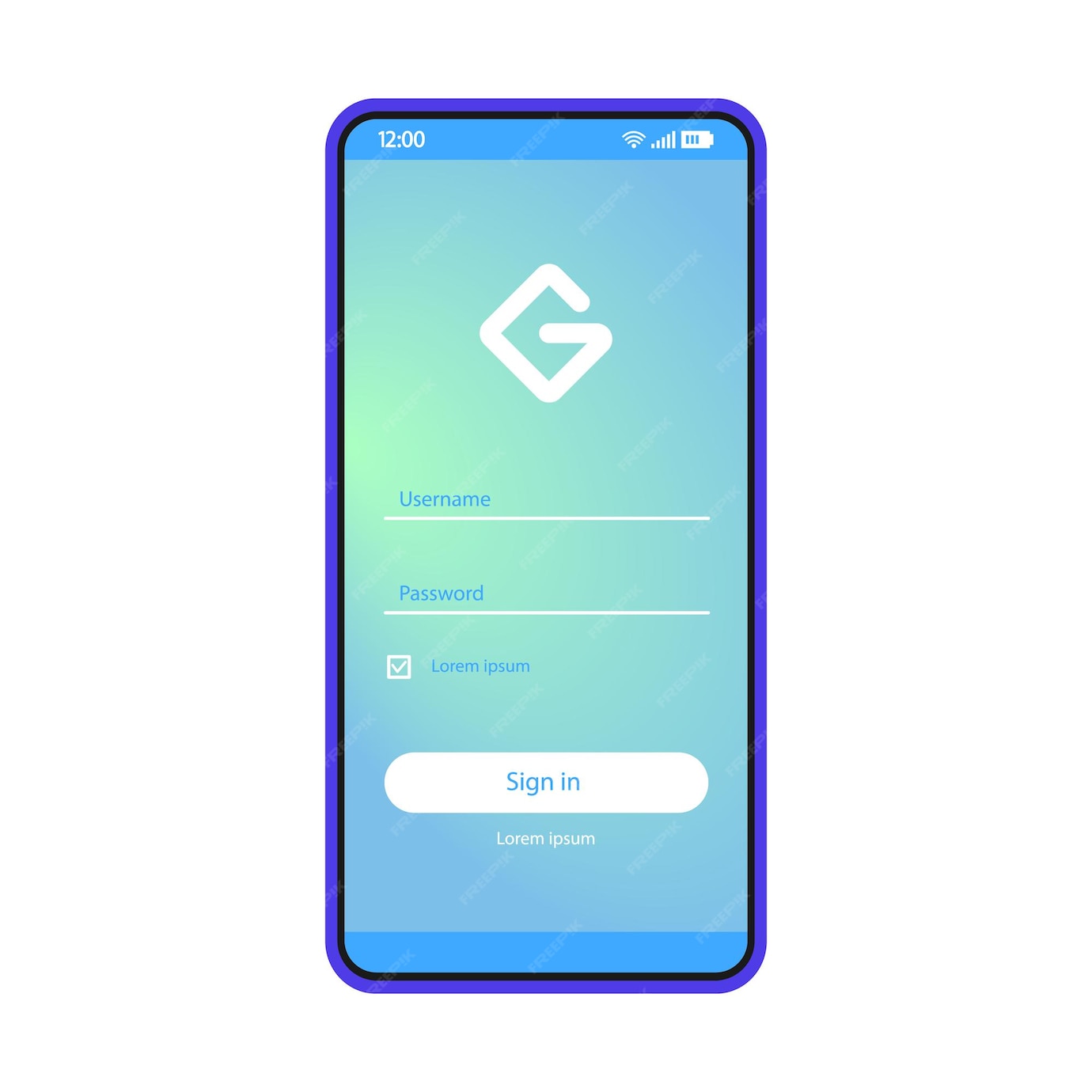 스마트폰 페이지 벡터 템플릿에 로그인합니다 모바일 앱 인터페이스 블루 디자인 레이아웃입니다 로그인 회원가입 화면입니다 플랫 Ui 애플리케이션 사용자 등록 권한