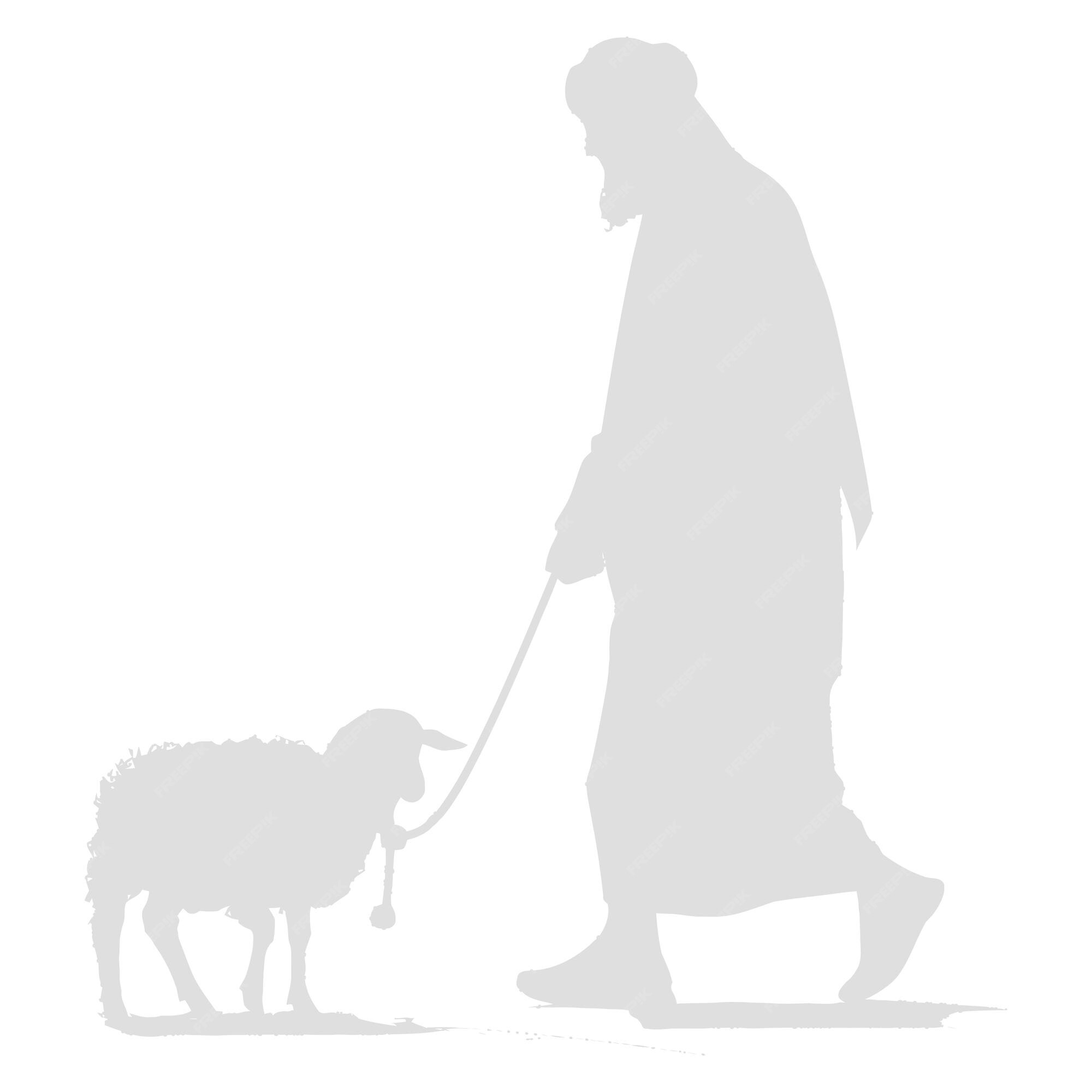 Premium Vector Silhouette Of Muslim Man Walks Leading A Tied Sheep Black Color Only