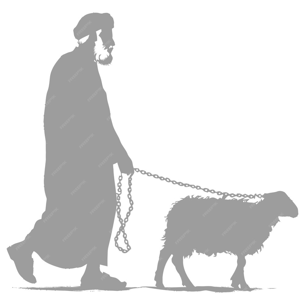 Premium Vector Silhouette Of Muslim Man Walks Leading A Tied Sheep Black Color Only