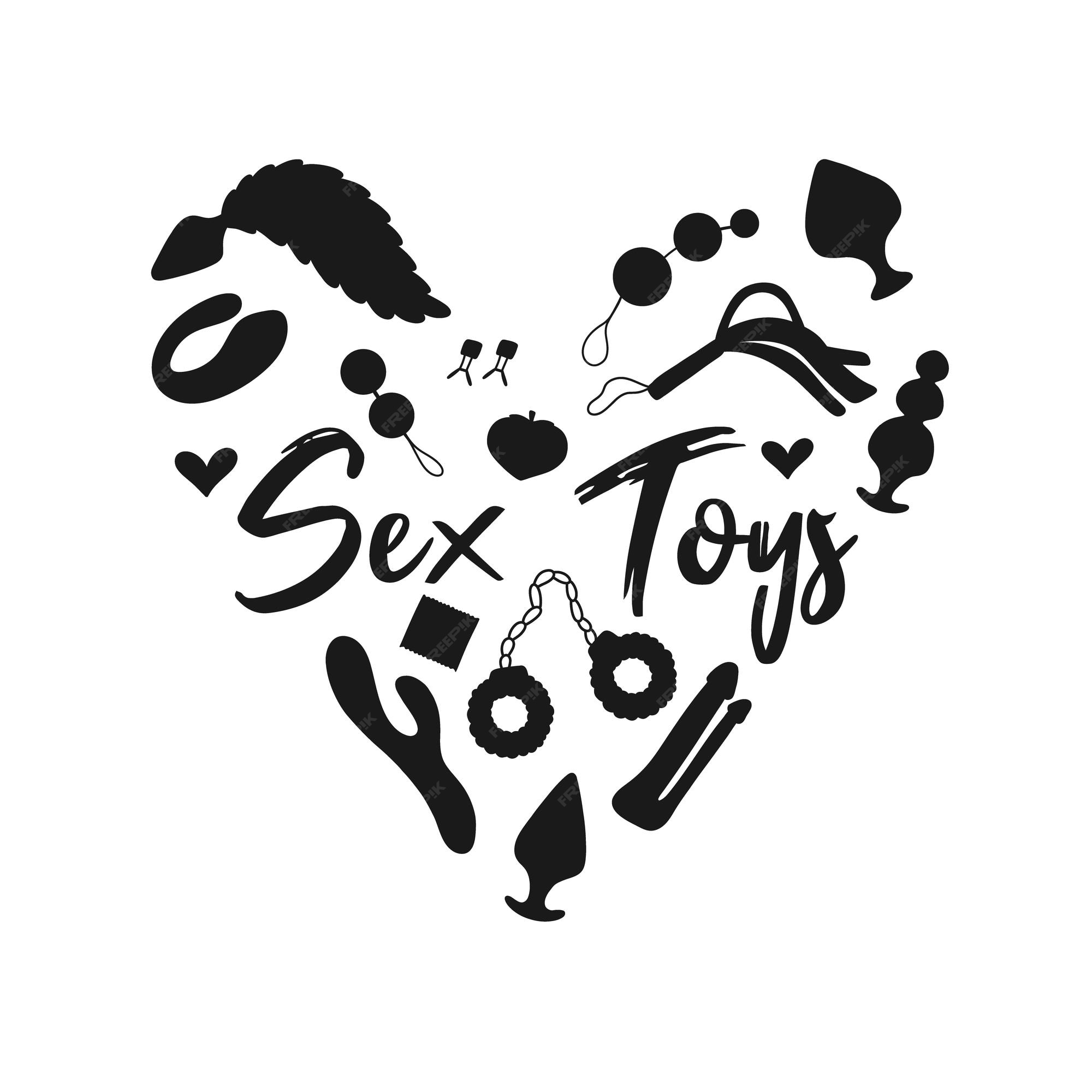 シルエット 大人のおもちゃ セックス ショップのポスター 大人のおもちゃ アダルト ストアのハート プリント バイブレーター 膣ビーズ 鞭 バット プラグ ベクター イラスト プレミアムベクター
