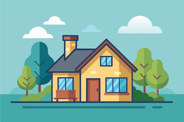 Premium Vector A Simple Minimalist House Stands Against A Backdrop Of Trees And Clouds House