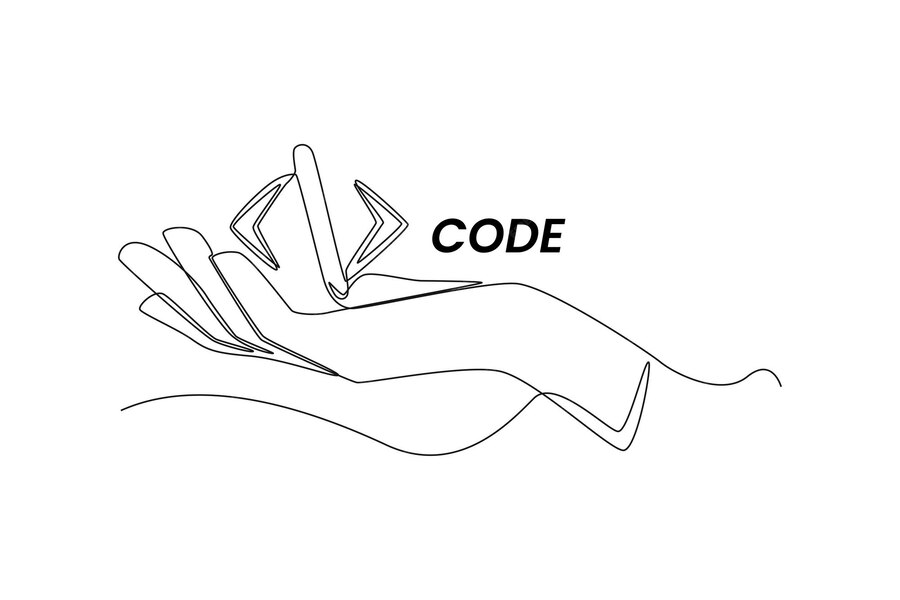 Premium Vector | Single one line drawing hand holding programming code ...