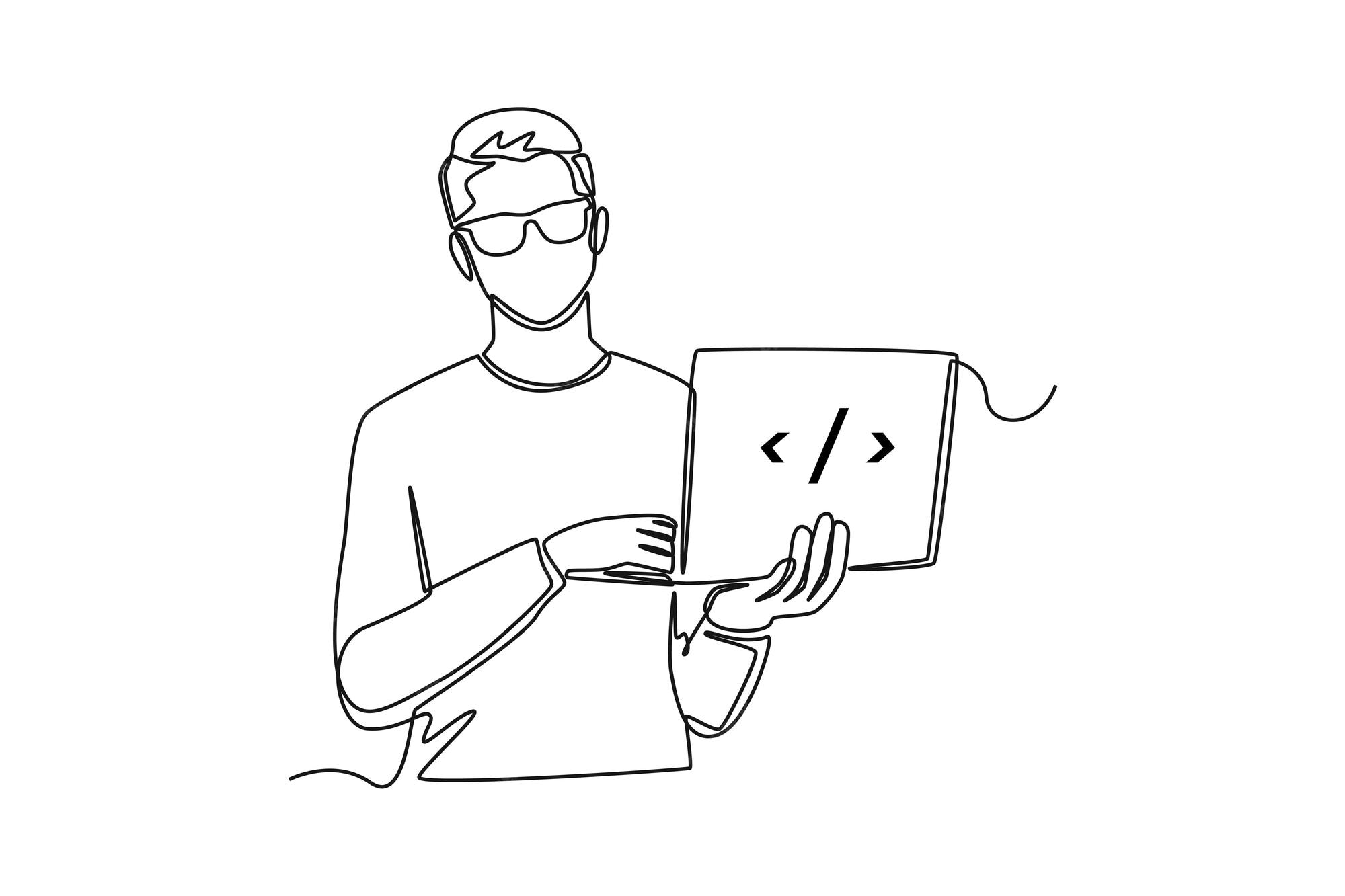 프로그래밍 코드 개념을 코딩하기 위해 노트북을 들고 있는 한 줄 그리기 남자 연속 선 그리기 디자인 그래픽 벡터 그림 프리미엄 벡터