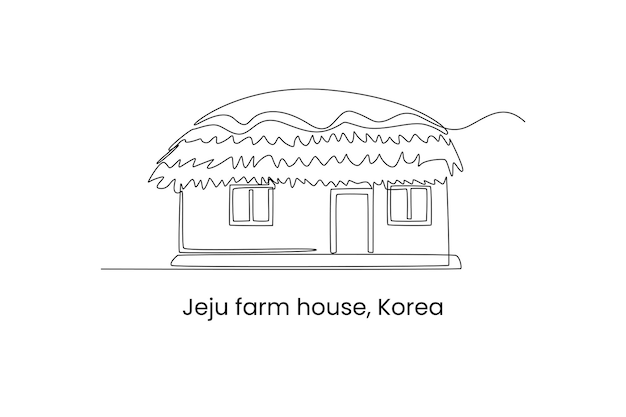 한국 전통 가옥 개념의 단일 선 그리기 초가 집 연속 선 그리기 디자인 그래픽 벡터 일러스트 레이션 프리미엄 벡터