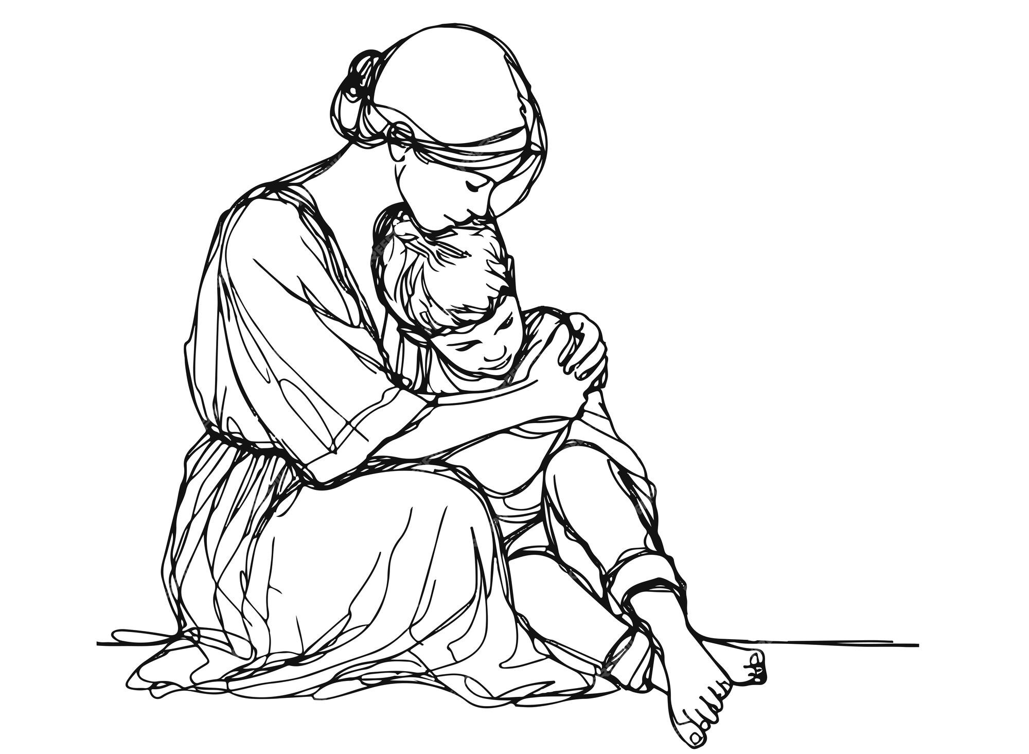 Premium Vector Sketch Drawing Of A Young Woman A Mother Hugging Her