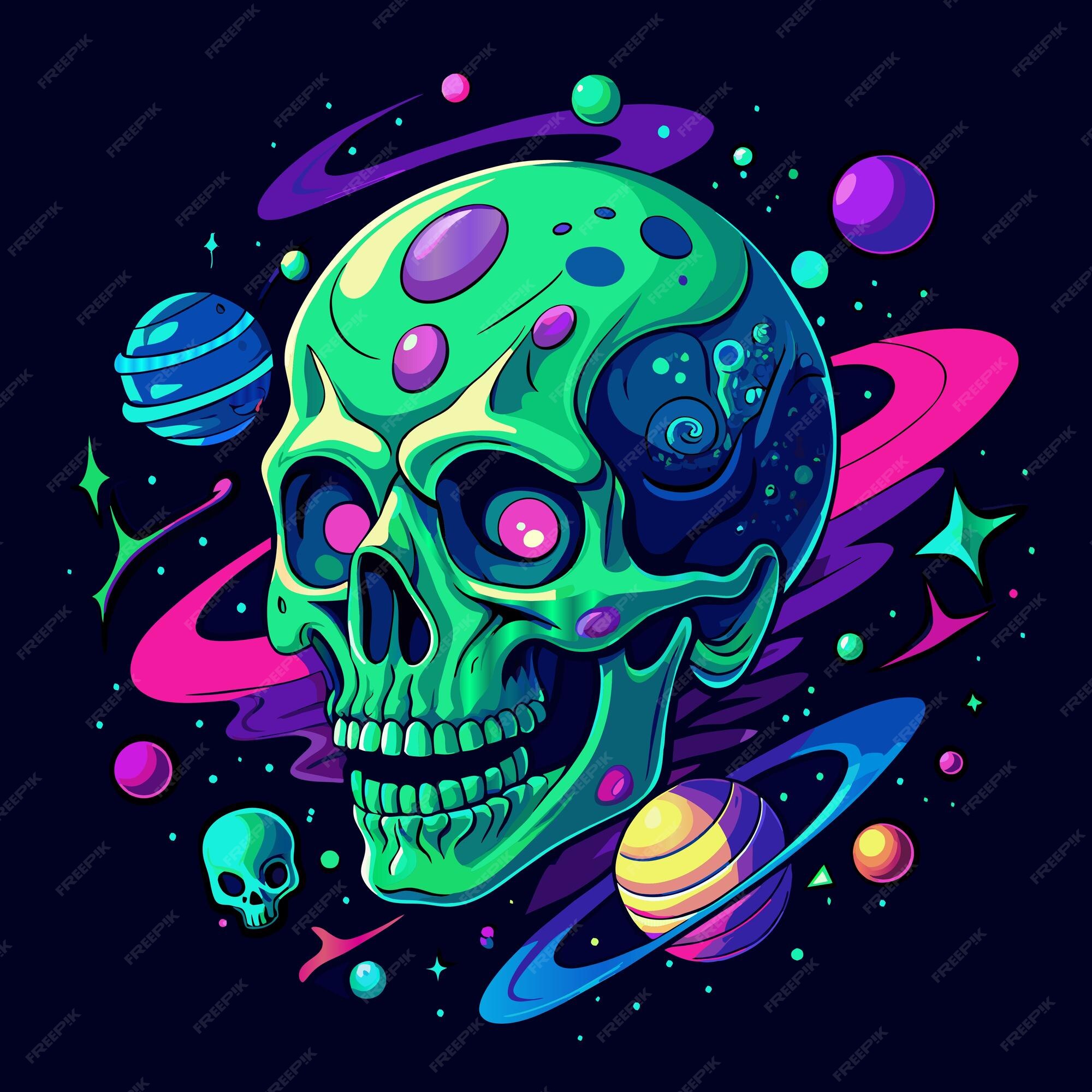 Premium Vector | A skull with many planets and planets in the background Premium Vector | A skull with many planets and planets in the background
