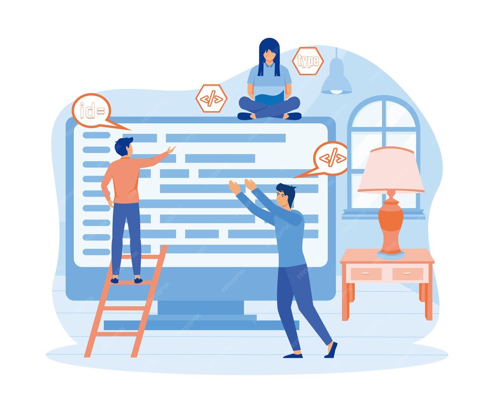 Premium Vector | Small people programmers coding and correct errors in project laptop screen ...