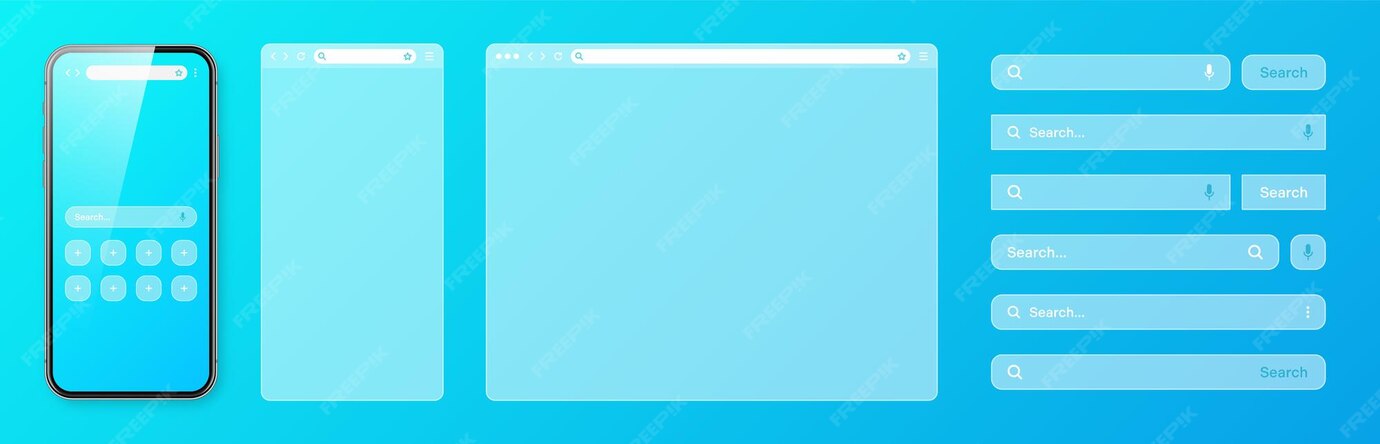 다양한 검색 표시줄 템플릿이 포함된 스마트폰 투명 인터넷 브라우저 창 검색 상자 주소 표시줄 및 텍스트 필드가 있는 웹 사이트 엔진 웹 사이트 Ui 인터페이스 요소 벡터