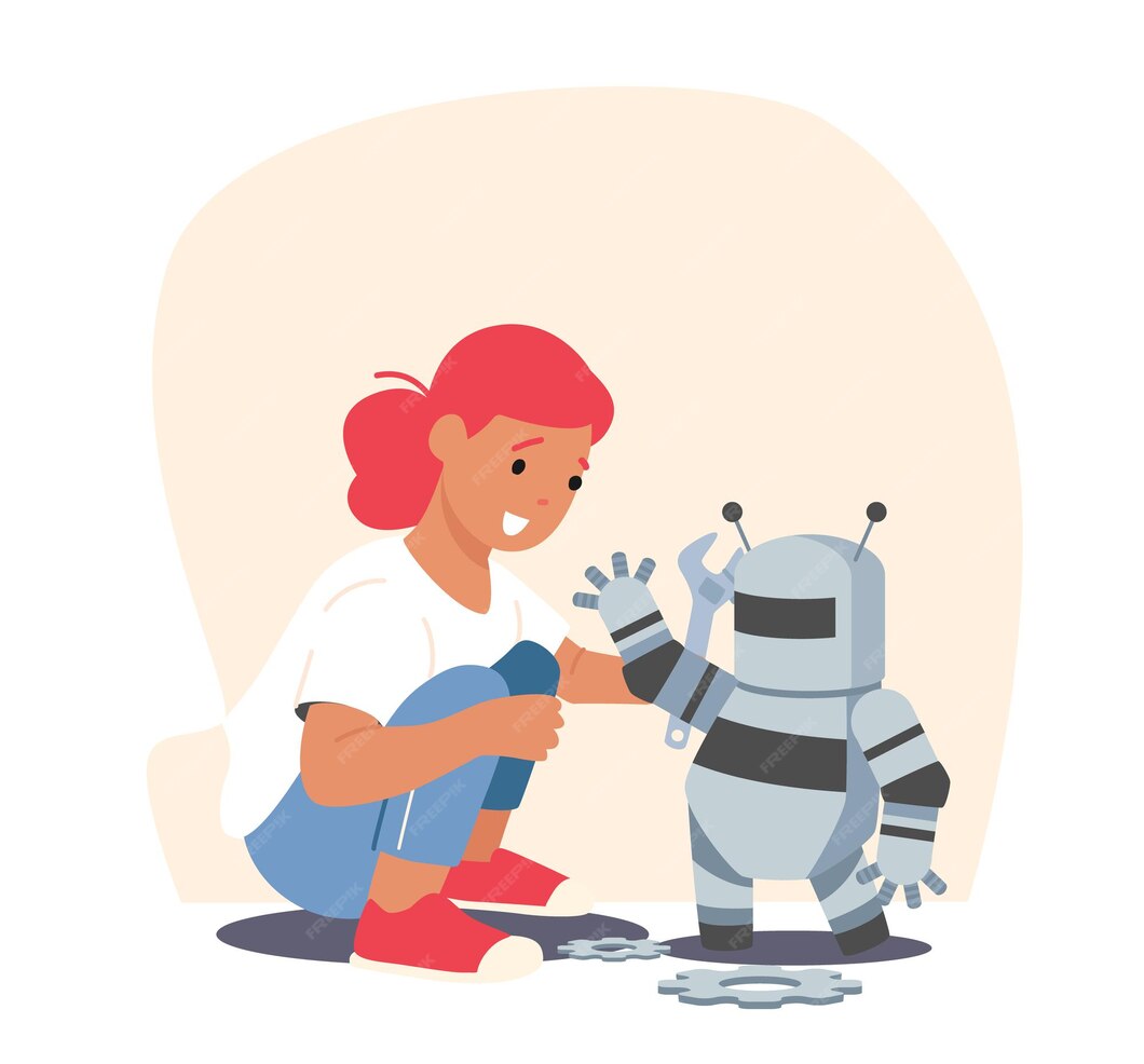 Premium Vector | Smiling child characters programming smart robot. cute ...