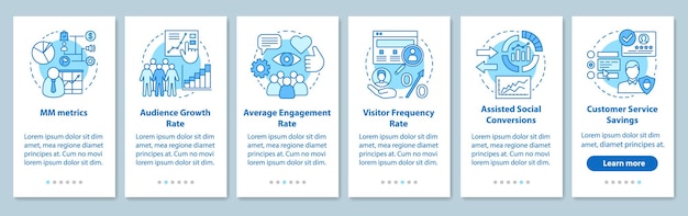 선형 개념으로 모바일 앱 페이지 화면을 온보딩하는 Smm 메트릭 판매 전환율 웹사이트 트래픽 연습 단계 그래픽 지침 삽화가 있는 Ux Ui Gui 벡터 템플릿
