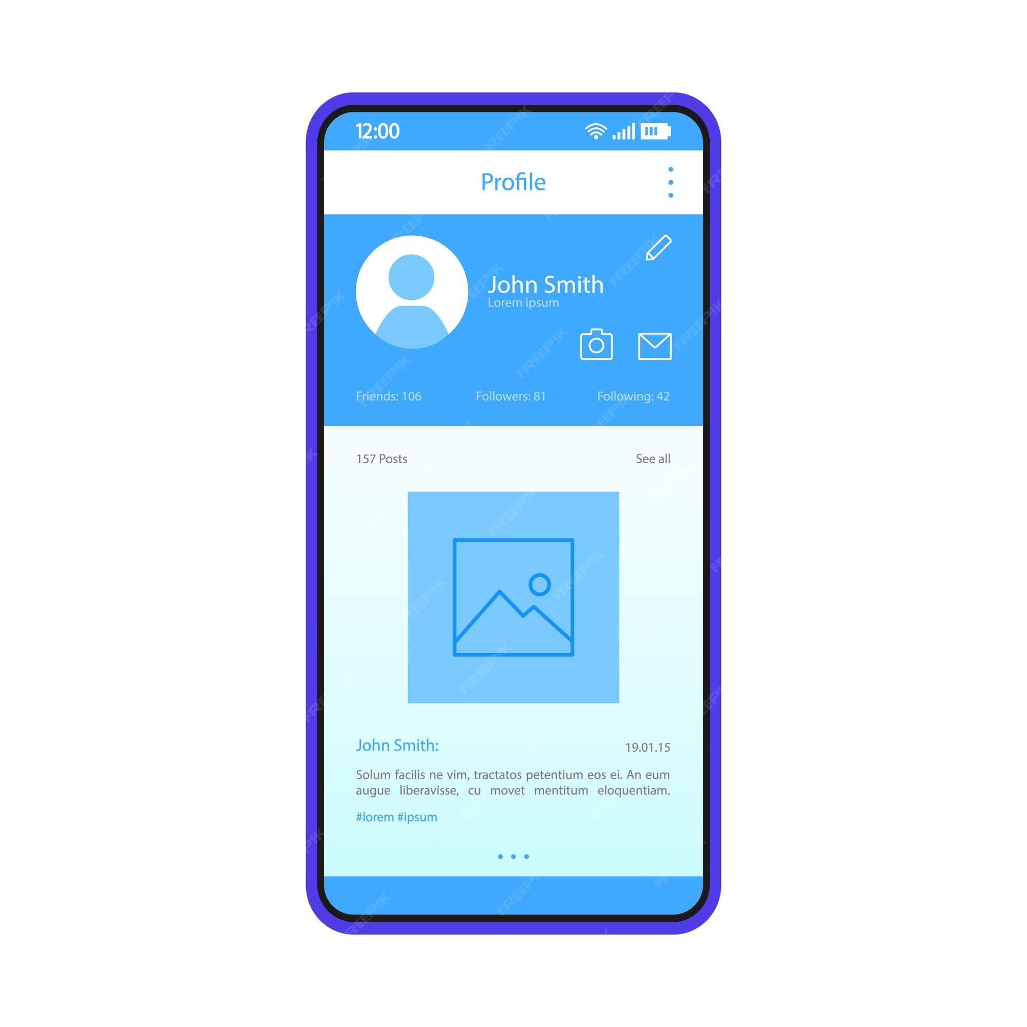 Premium Vector | Social media app interface vector template. mobile app interface blue design ...