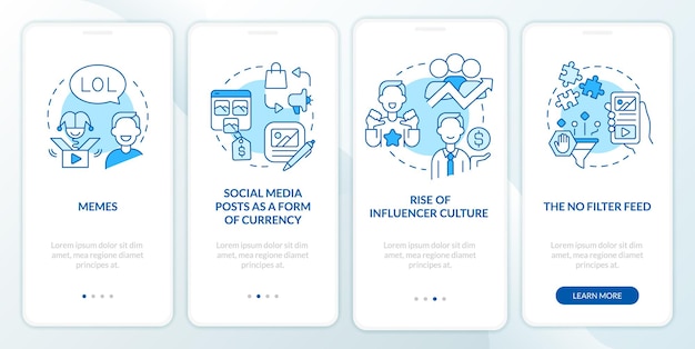 Premium Vector Social Media Tendencies Blue Onboarding Mobile App Screen