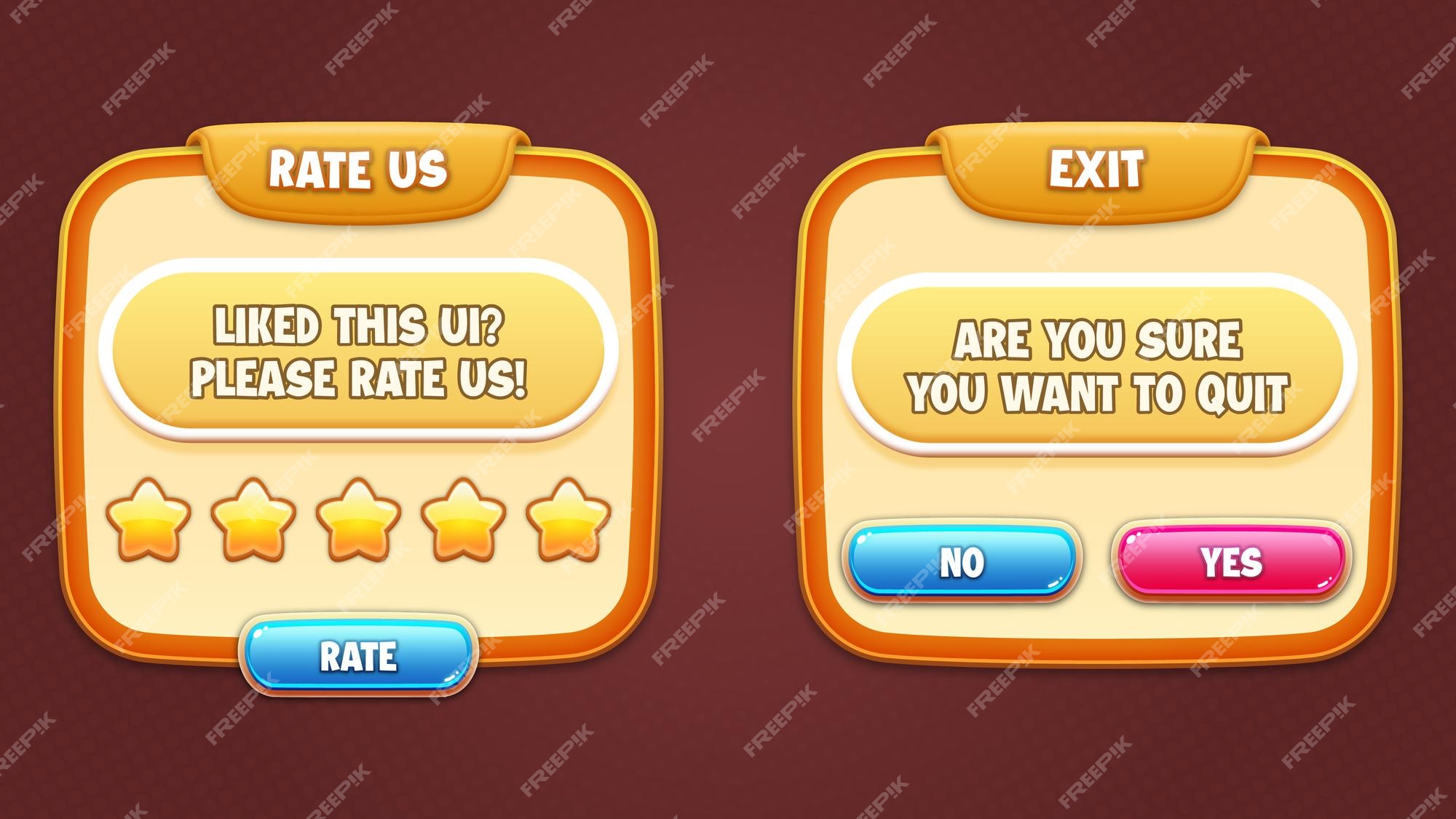 소프트 스타일 게임 UI 벡터 세트 - 평가 및 종료 팝업, 편집 가능한 텍스트 효과가 있는 버튼 | 프리미엄 벡터