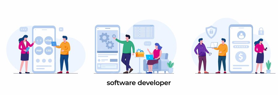 Premium Vector | Software developer presentation with client programmer technology coding code ...