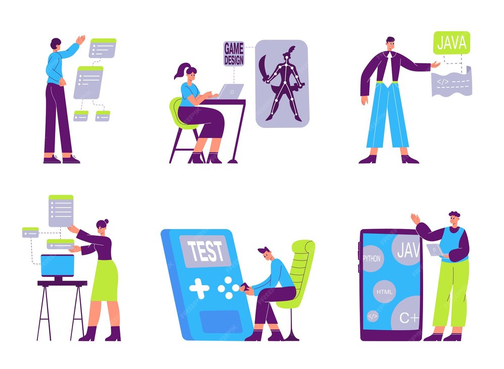 Premium Vector | Software developers game designers javascript programmers characters