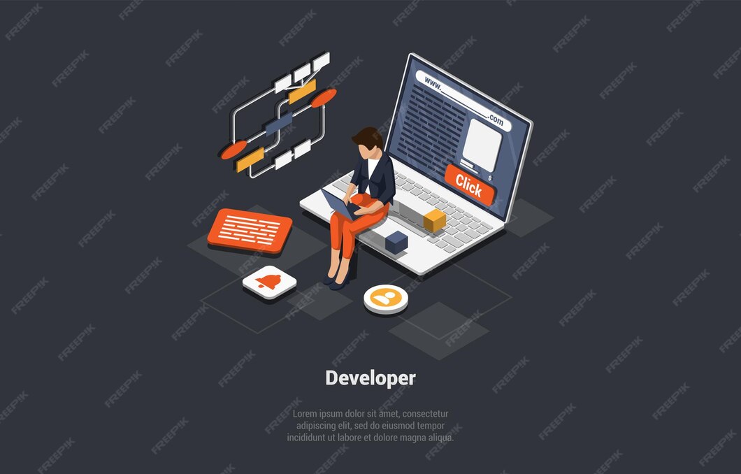 Premium Vector | Software development coding process concept programmer or web developer working ...