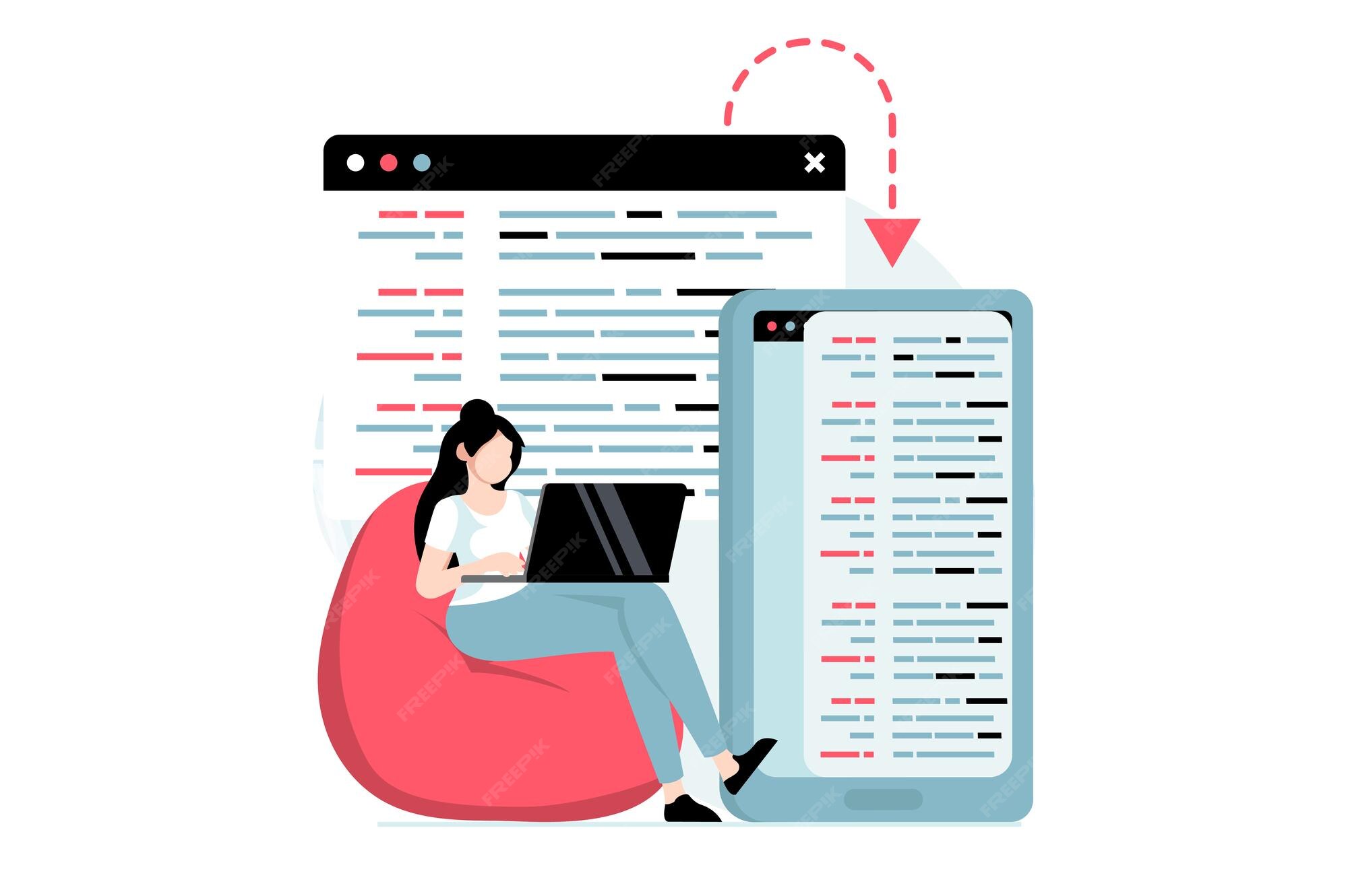 평면 디자인의 사람들이 있는 소프트웨어 개발 개념 여성 개발자는 프로그램을 만들고 장치 화면 사이의 코드를 최적화합니다 웹용