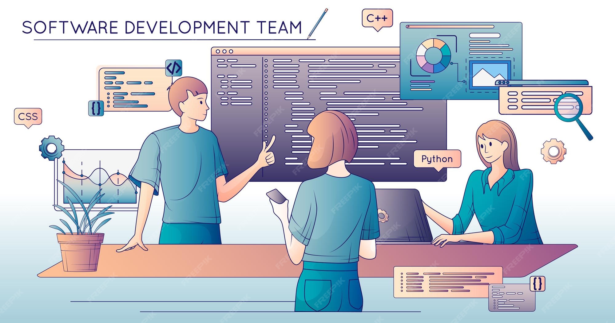 Premium Vector | Software development flat line composition with view of programmers team ...