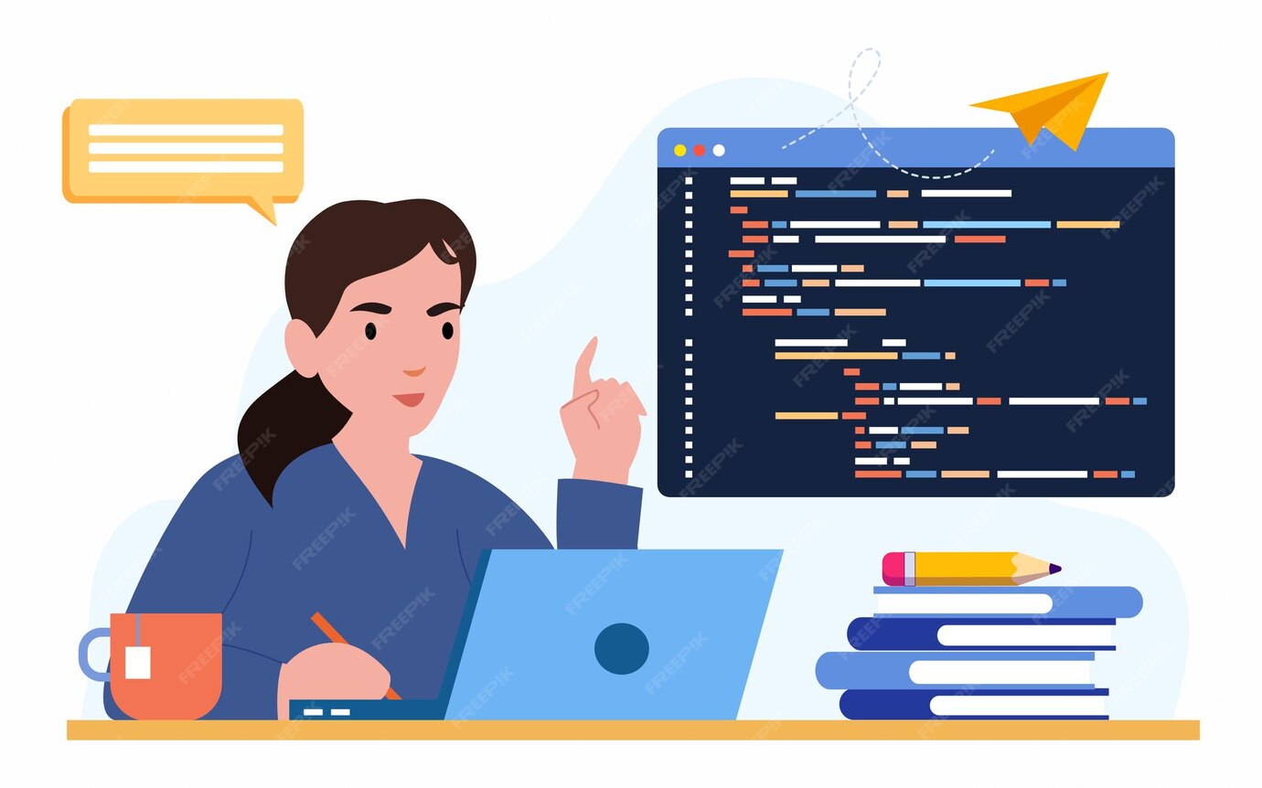 Premium Vector Software Development Programming Workplace Of Programmer Or Coder Laptop