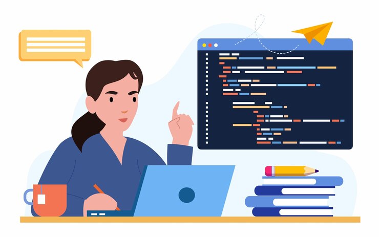 Premium Vector Software Development Programming Workplace Of Programmer Or Coder Laptop