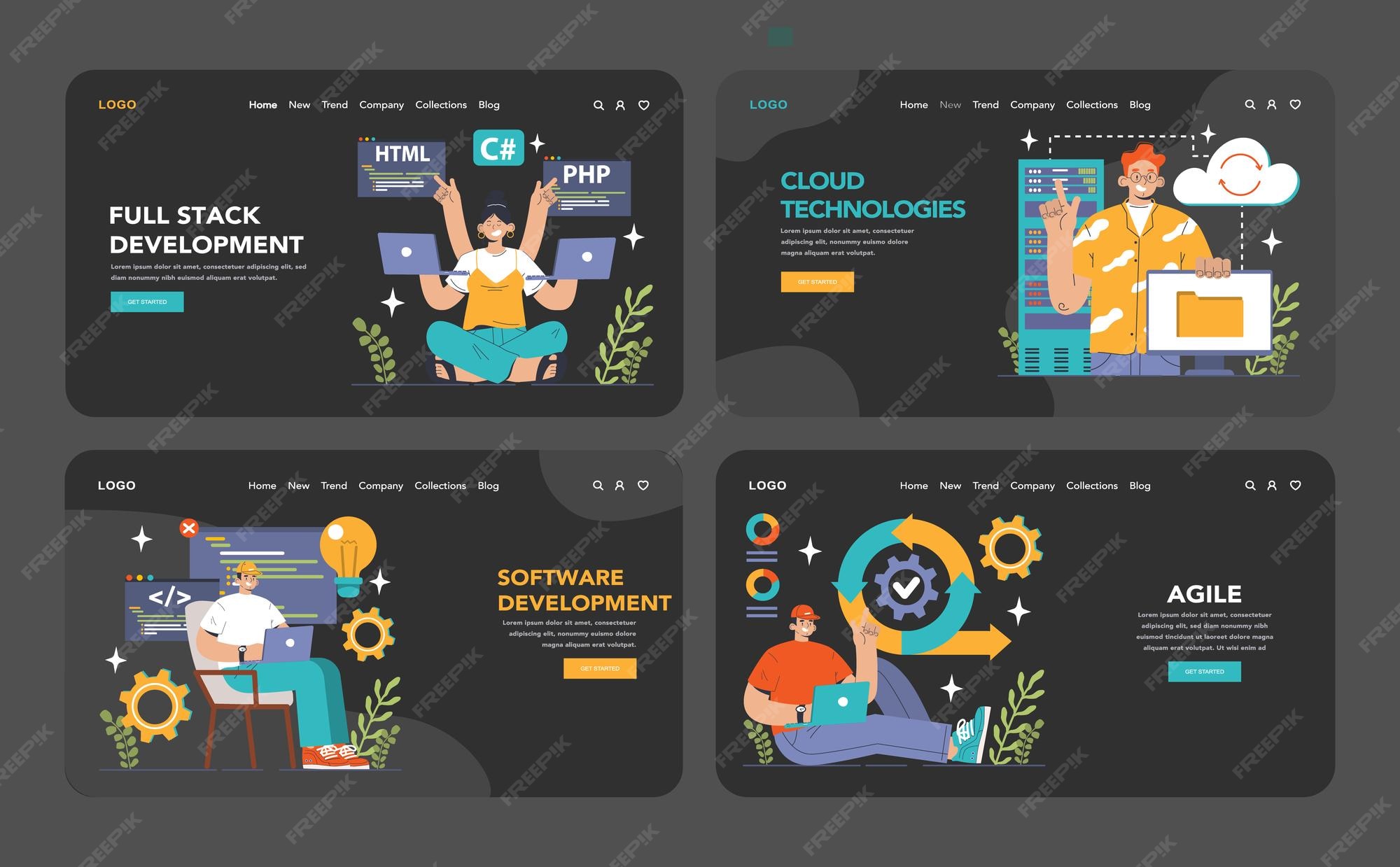 Premium Vector Software Development Web Banner Or Landing Page Dark Or Night Mode Set Coding