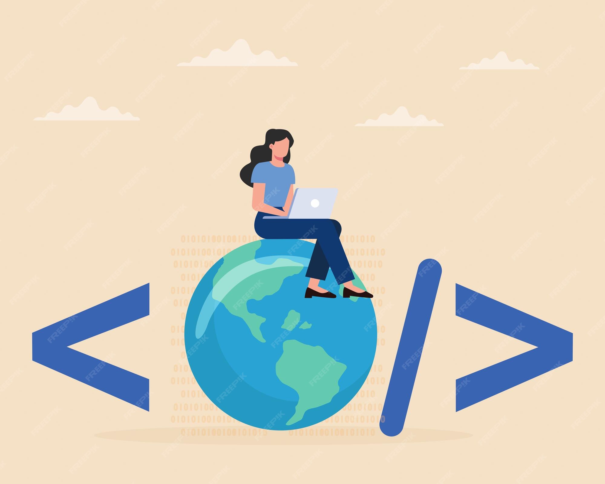Premium Vector Software Engineer Coding On Laptop Sitting On Globe