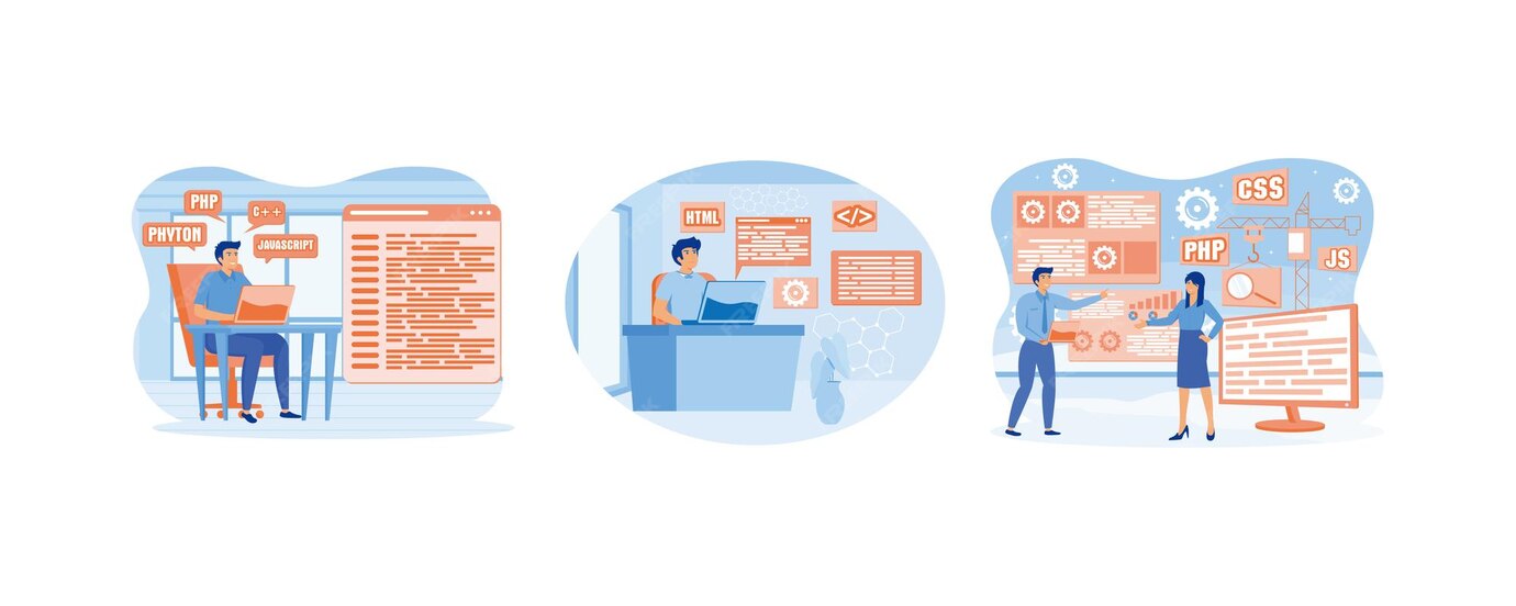 Premium Vector | Software engineer sit in chair working on laptop use ...