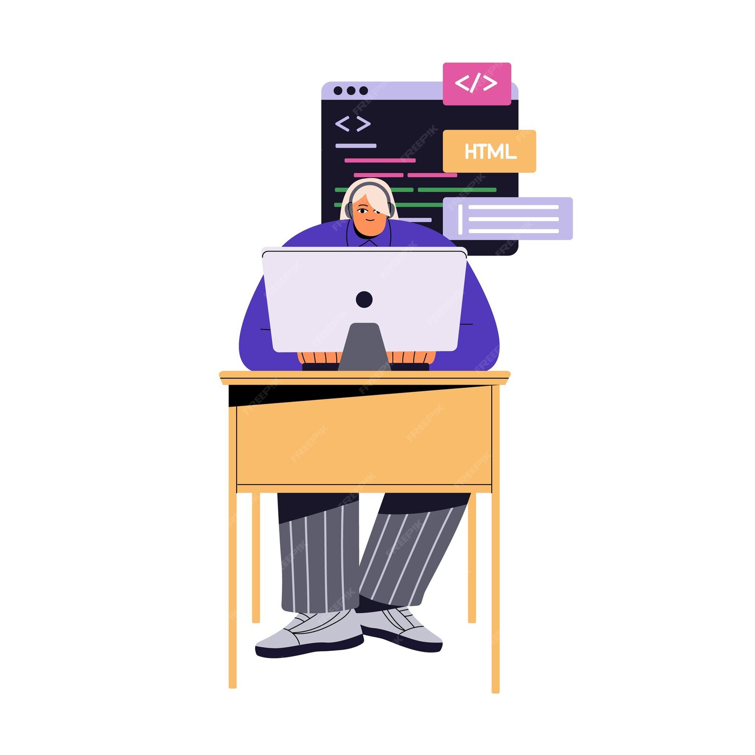 Premium Vector | Software engineer with headphone writing code ...