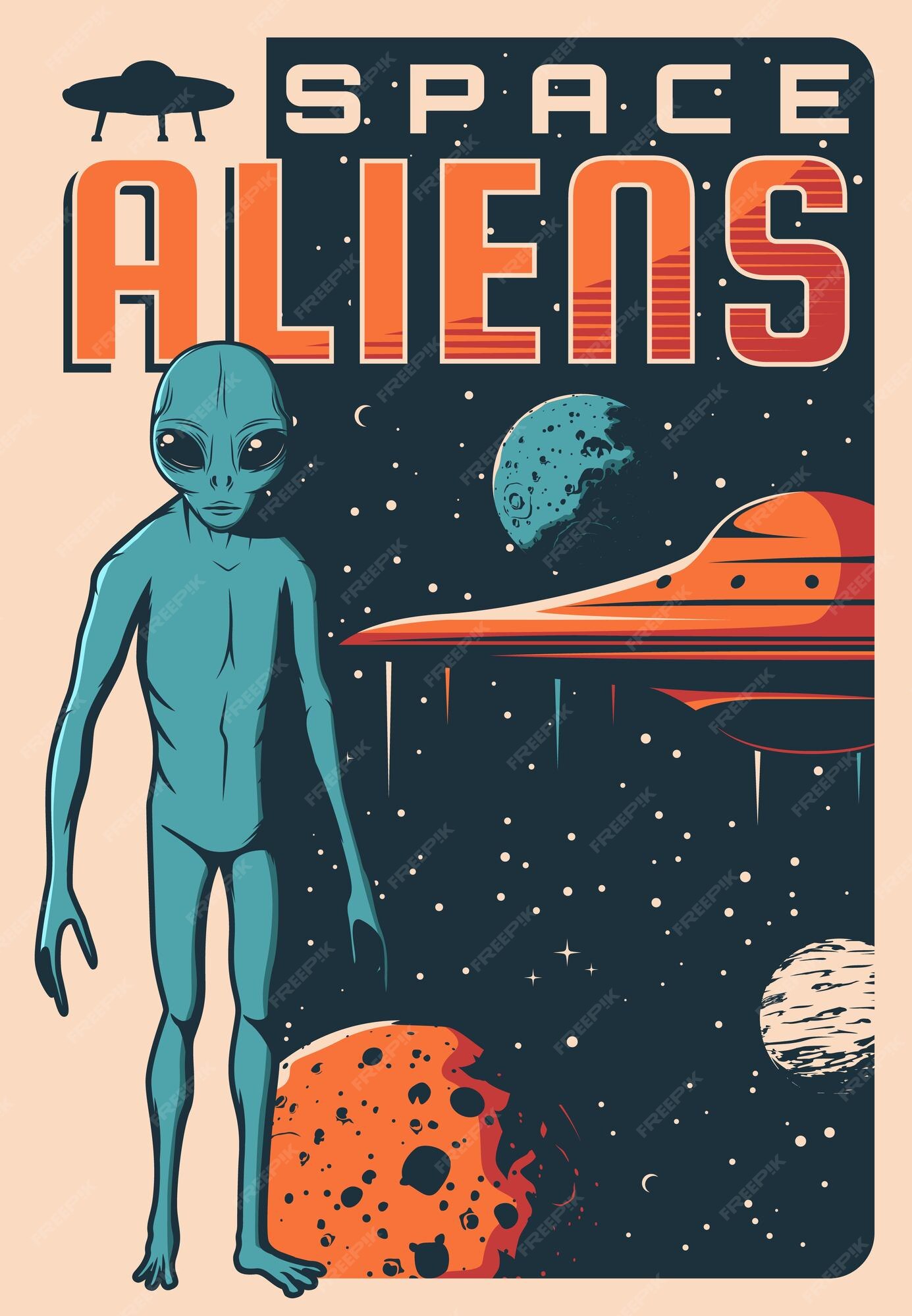 Premium Vector Space Aliens Ufo Spaceship Retro Vector Banner