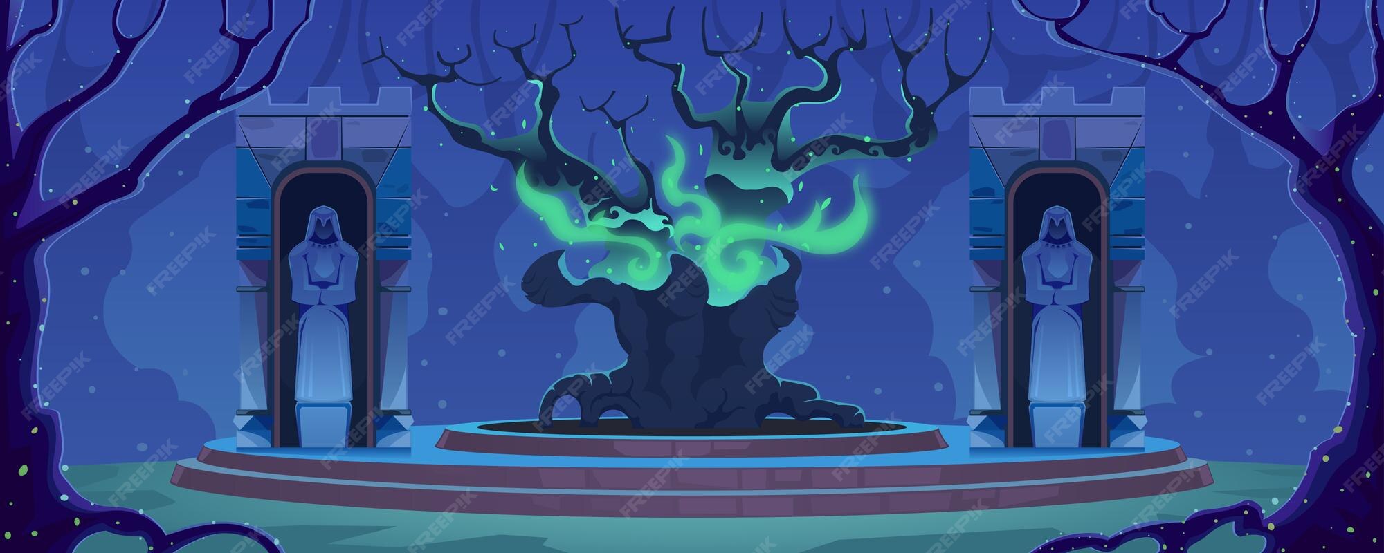 Premium Vector | Stone statues of monks guarding a magical oak tree ... Premium Vector | Stone statues of monks guarding a magical oak tree ...