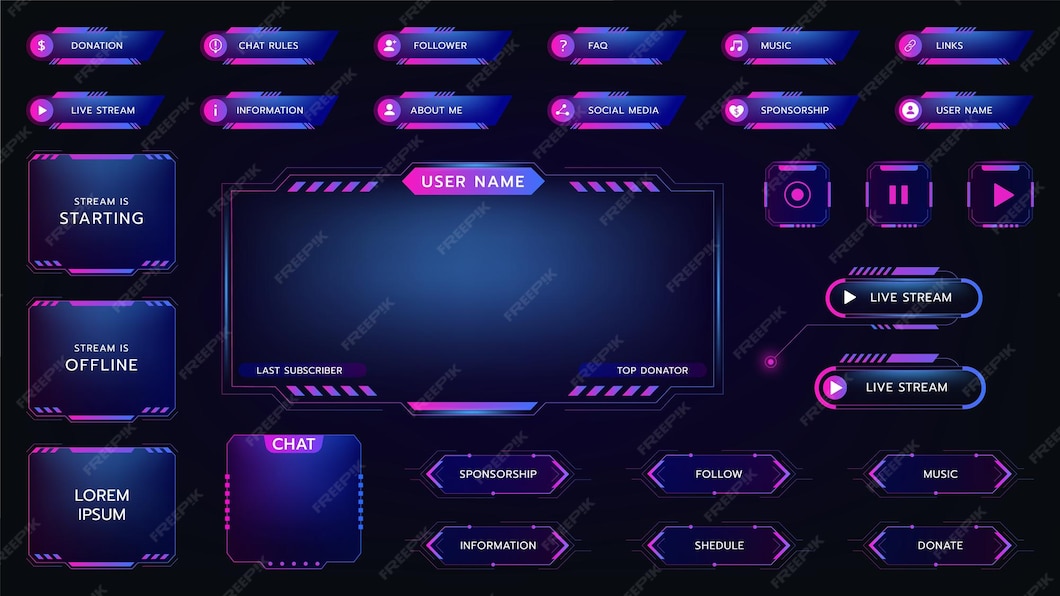 스트림 트위치 게임 아이콘 버튼 및 오버레이 패널 프레임 미래의 인터페이스 디자인 네온 사용자 태그 사이버 빛 현대 이름 경계 스트리머 메뉴 바 터 Ui 디지털 요소 세트