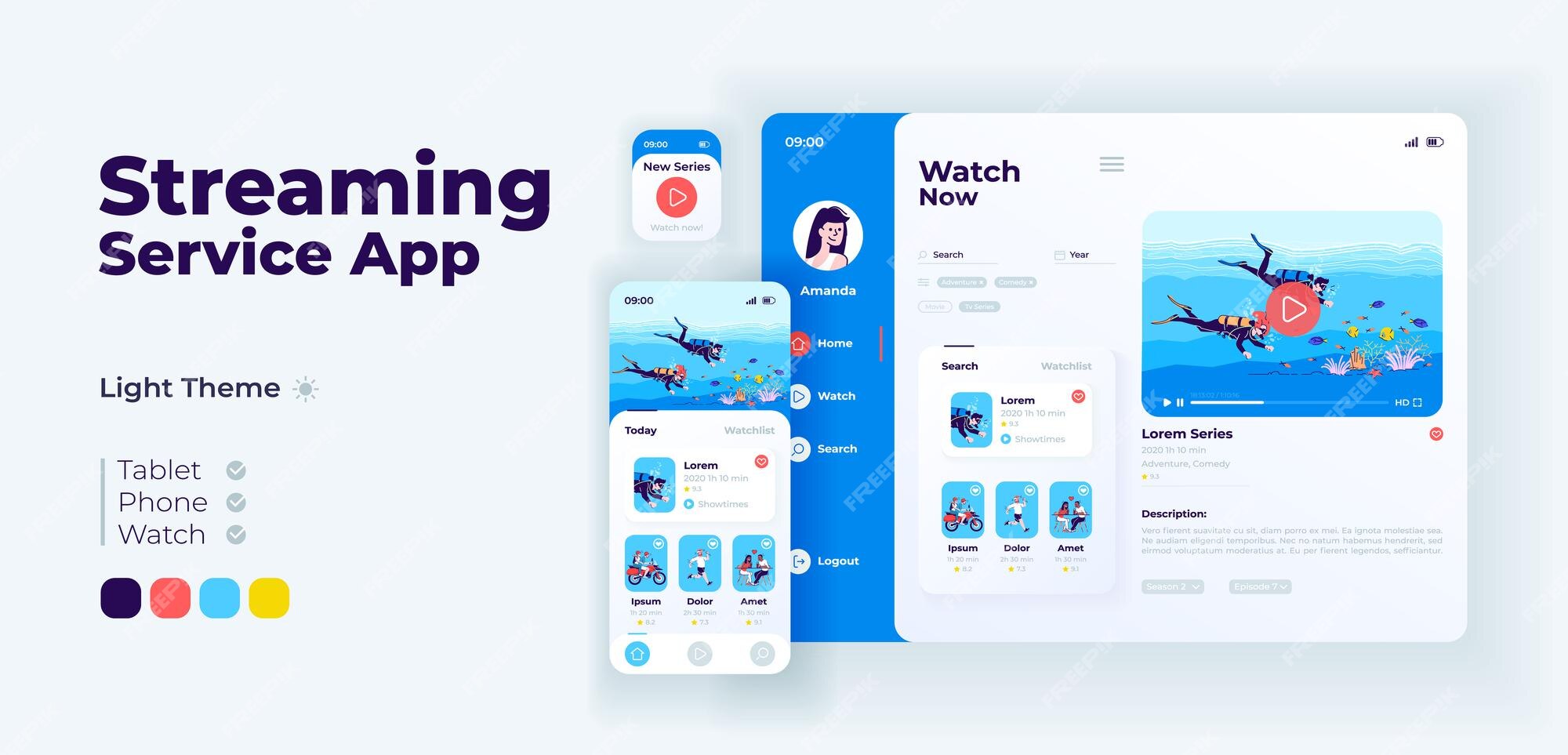 Premium Vector | Streaming service app screen vector adaptive design template. vlogging ...