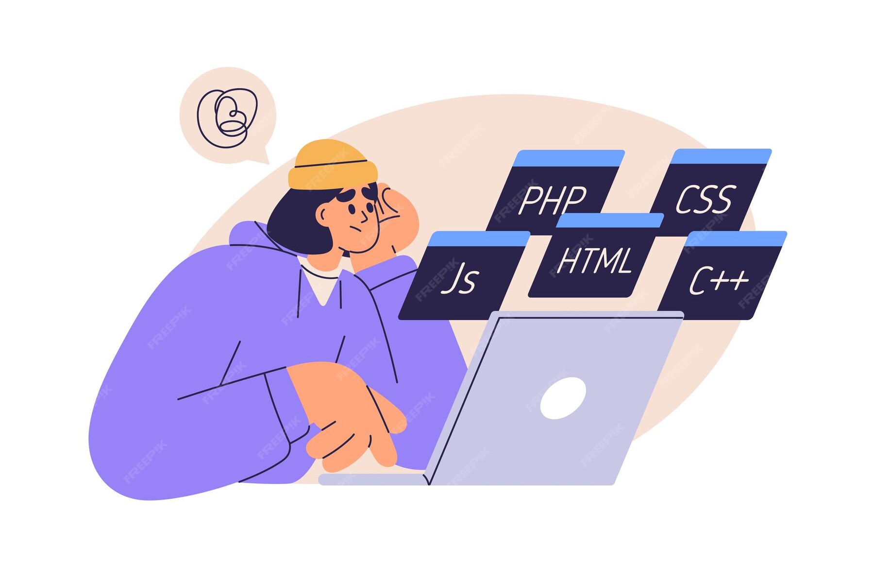 Premium Vector | Student studying code program Puzzled person chooses computer language to learn ...