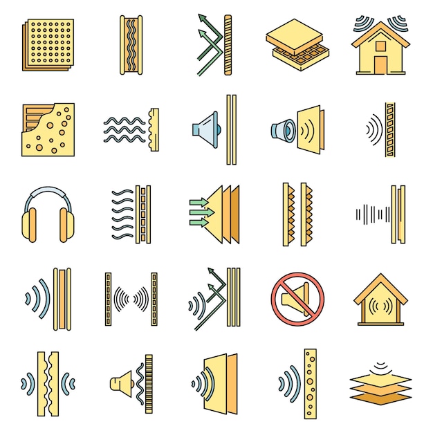 Premium Vector | Studio soundproofing icons set vector color line Premium Vector | Studio soundproofing icons set vector color line