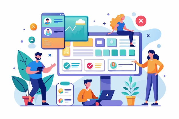 Stylized characters interact with a large screen displaying user ... Stylized characters interact with a large screen displaying user ...
