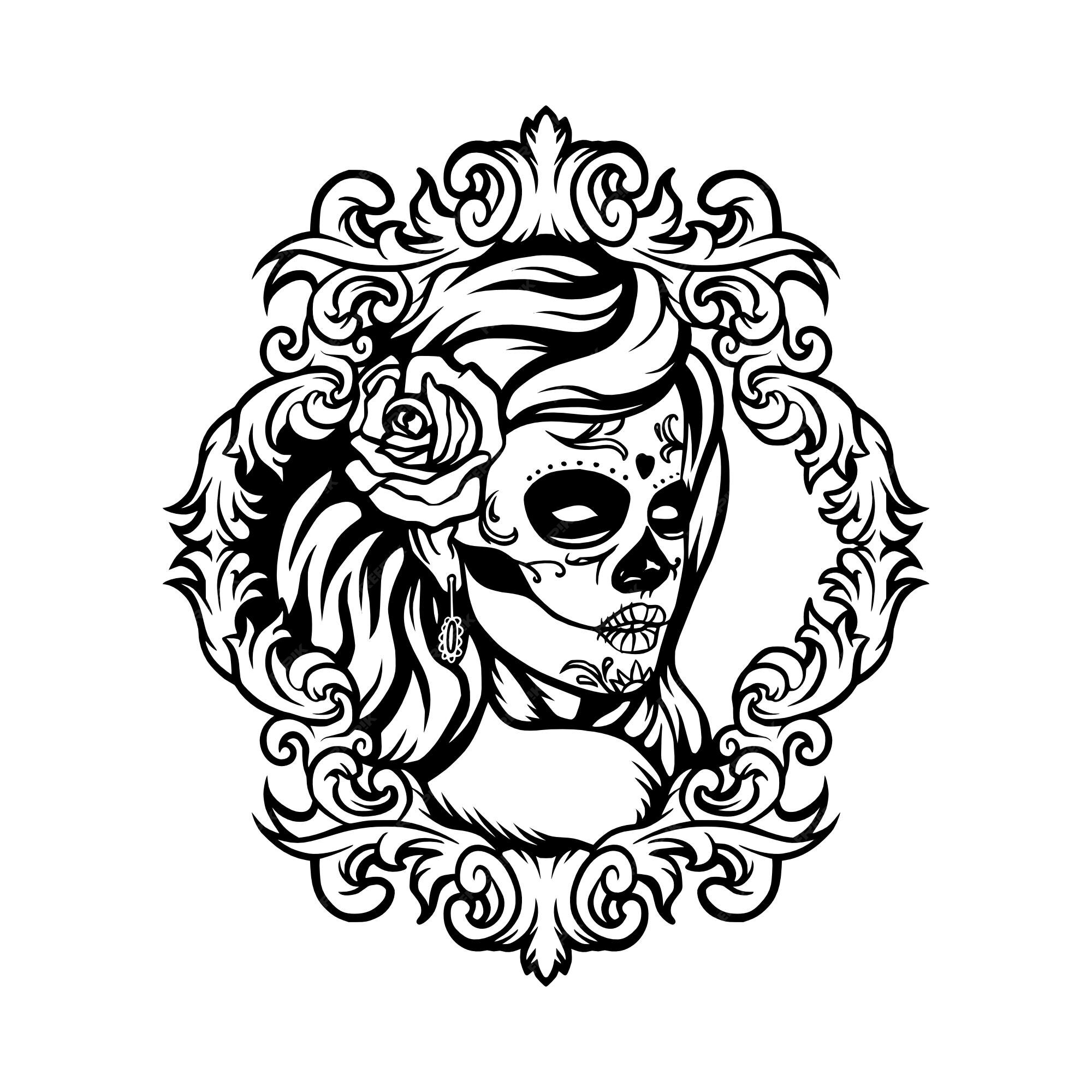 Premium Vector | Sugar skull lady with ornament frame Premium Vector | Sugar skull lady with ornament frame