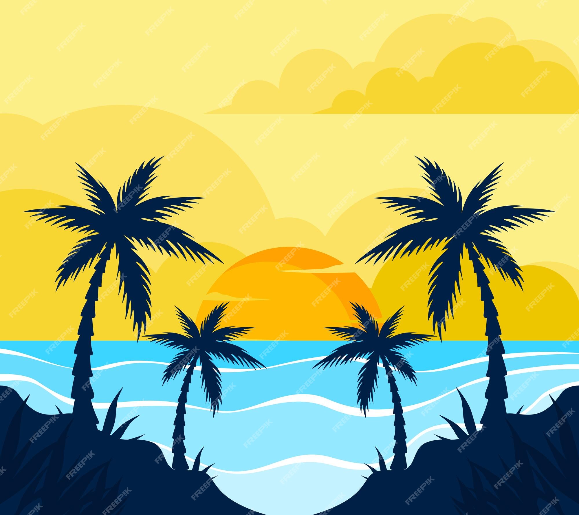 Premium Vector Sunset On The Beach With Palm Silhouette Vector