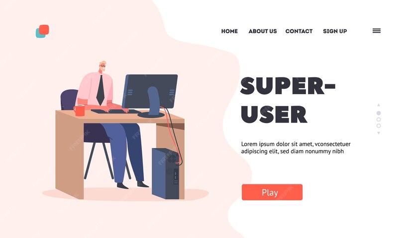 Premium Vector Super User Landing Page Template Man Sysadmin Or Coder At Work On Computer In
