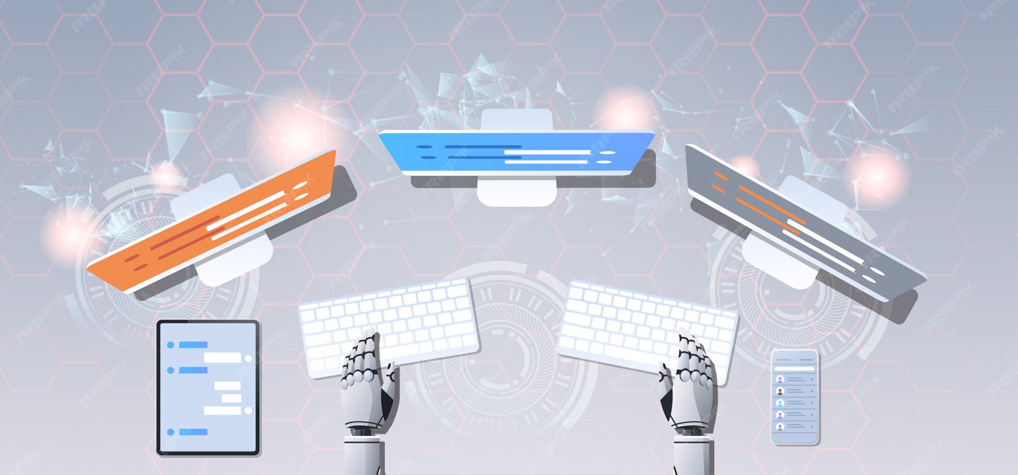 Premium Vector Support Chat Bot Robot Hands Using Computer And Mobile