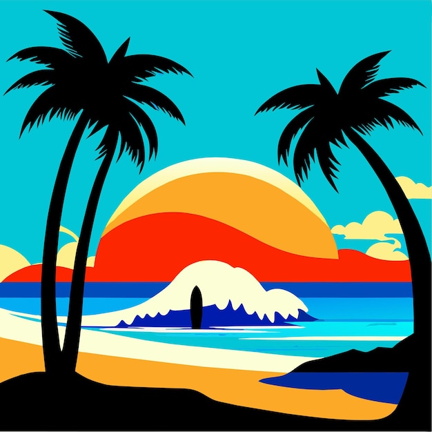 Premium Vector Surfboard On A Beautiful Bright Sea Sand Beach Vector