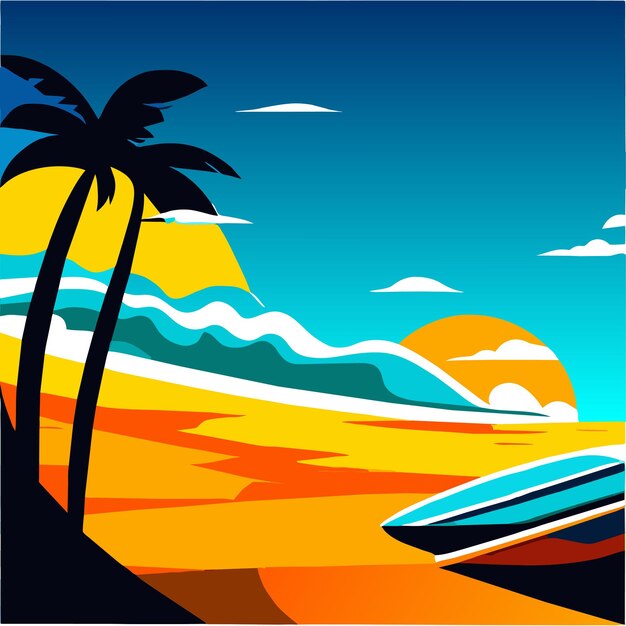Premium Vector Surfboard On A Beautiful Bright Sea Sand Beach Vector