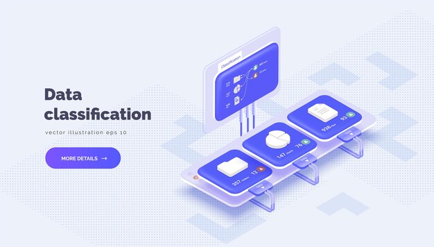 기업 데이터의 전자 분류 시스템 시스템 파일에 대한 데이터가 있는 모니터 파일 폴더 분류 보고서 그래프 벡터 일러스트 아이소메트릭 스타일 3d 프리미엄 벡터