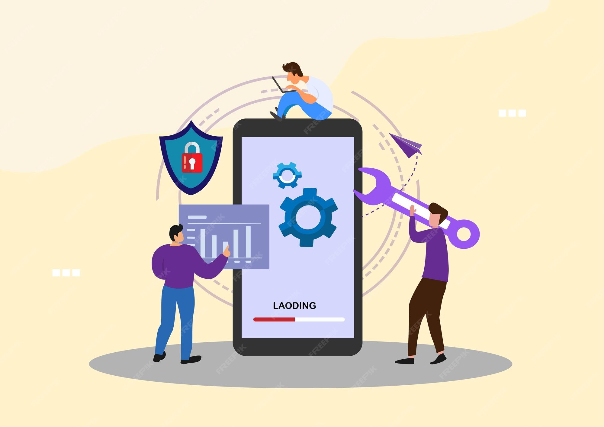 시스템 업데이트 개선 변경 새 버전 사람 문자로 업데이트 프로세스 설치 웹 방문 페이지 Ui 모바일 앱 배너 템플릿에 적합 평면