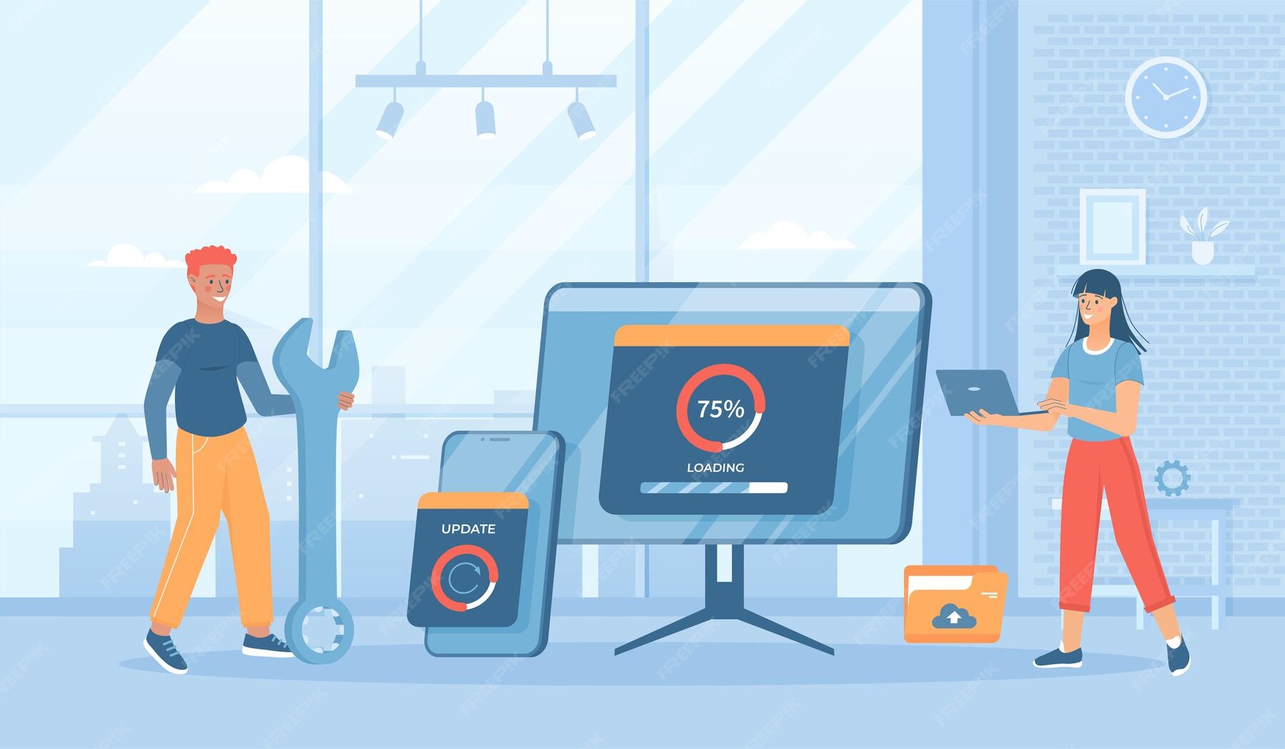 Premium Vector | System Update Programmers upgrading operation system software programs ...