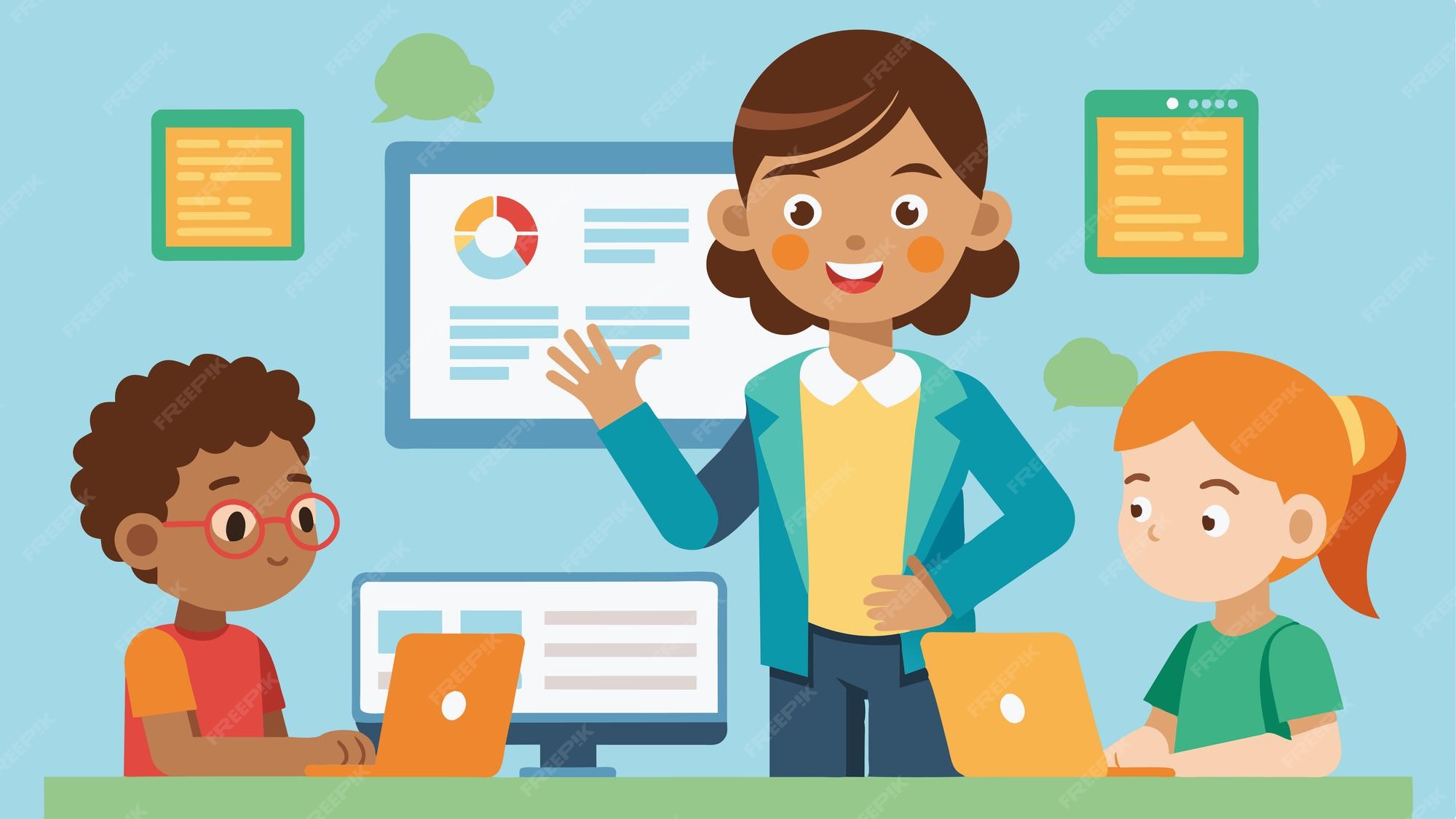 Premium Vector | A teacher guides her young students through a coding ...