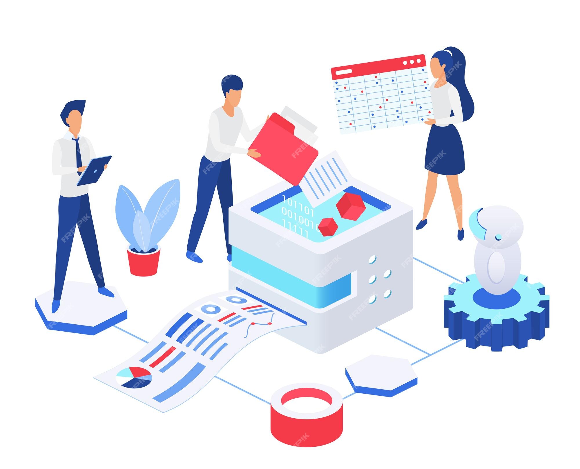 Premium Vector | Team inspecting and processing company data folders Premium Vector | Team inspecting and processing company data folders