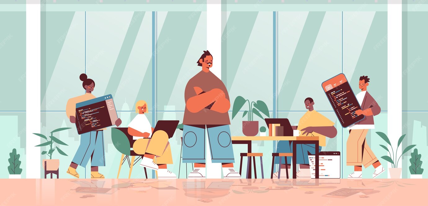 Premium Vector | Team lead engineer with mix race web developers coding together creating ...