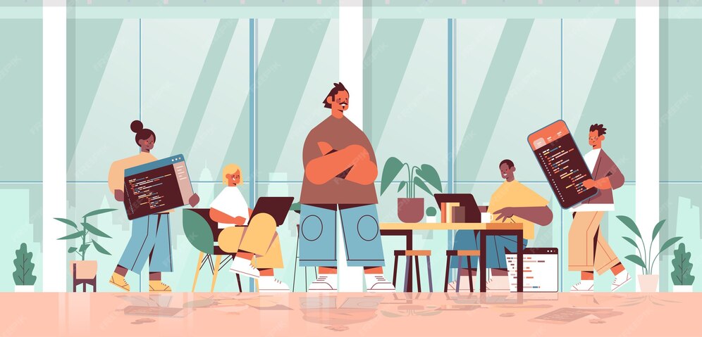 Premium Vector | Team lead engineer with mix race web developers coding ...