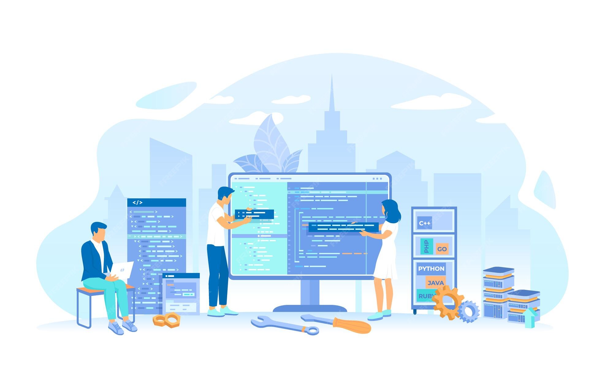 Premium Vector | Team of programmers write program code on a big monitor screen Backend ...